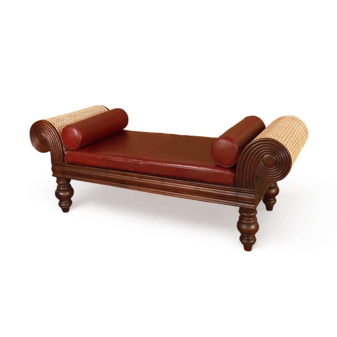 Bed End Colonial Indian Plantation Teak Leather Cushion And Woven ...