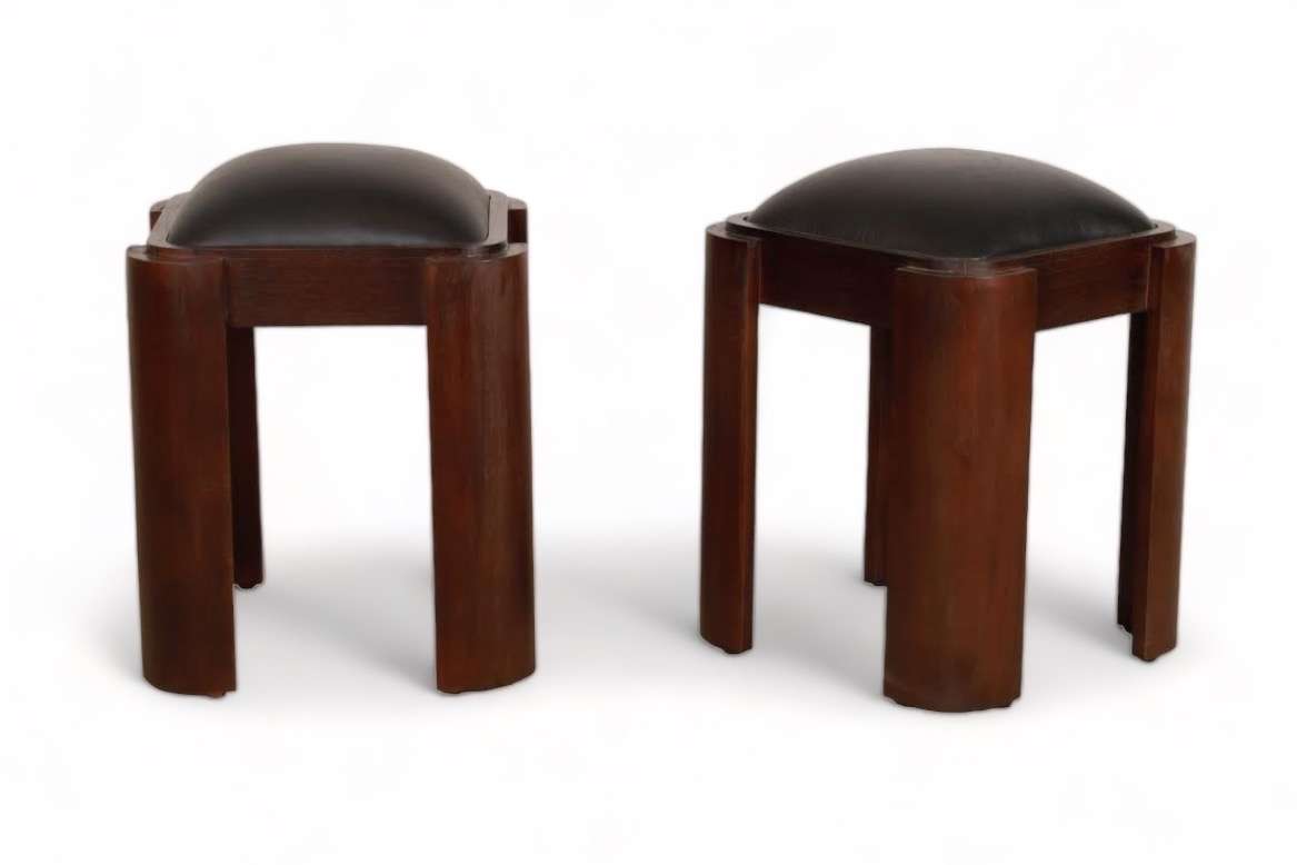 Stool With Leather And Plantation Teak - Tarita Furniture