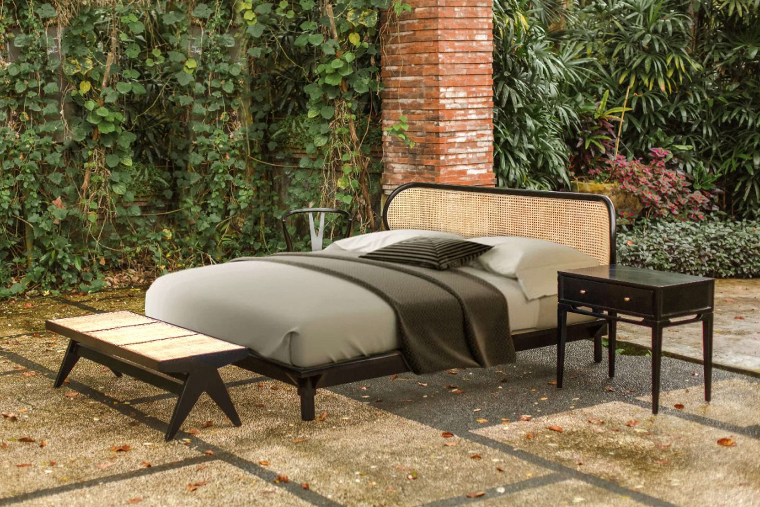 Bed " NEO NOUVEAU Model B " In Teak With Rattan Headboard - Tarita ...
