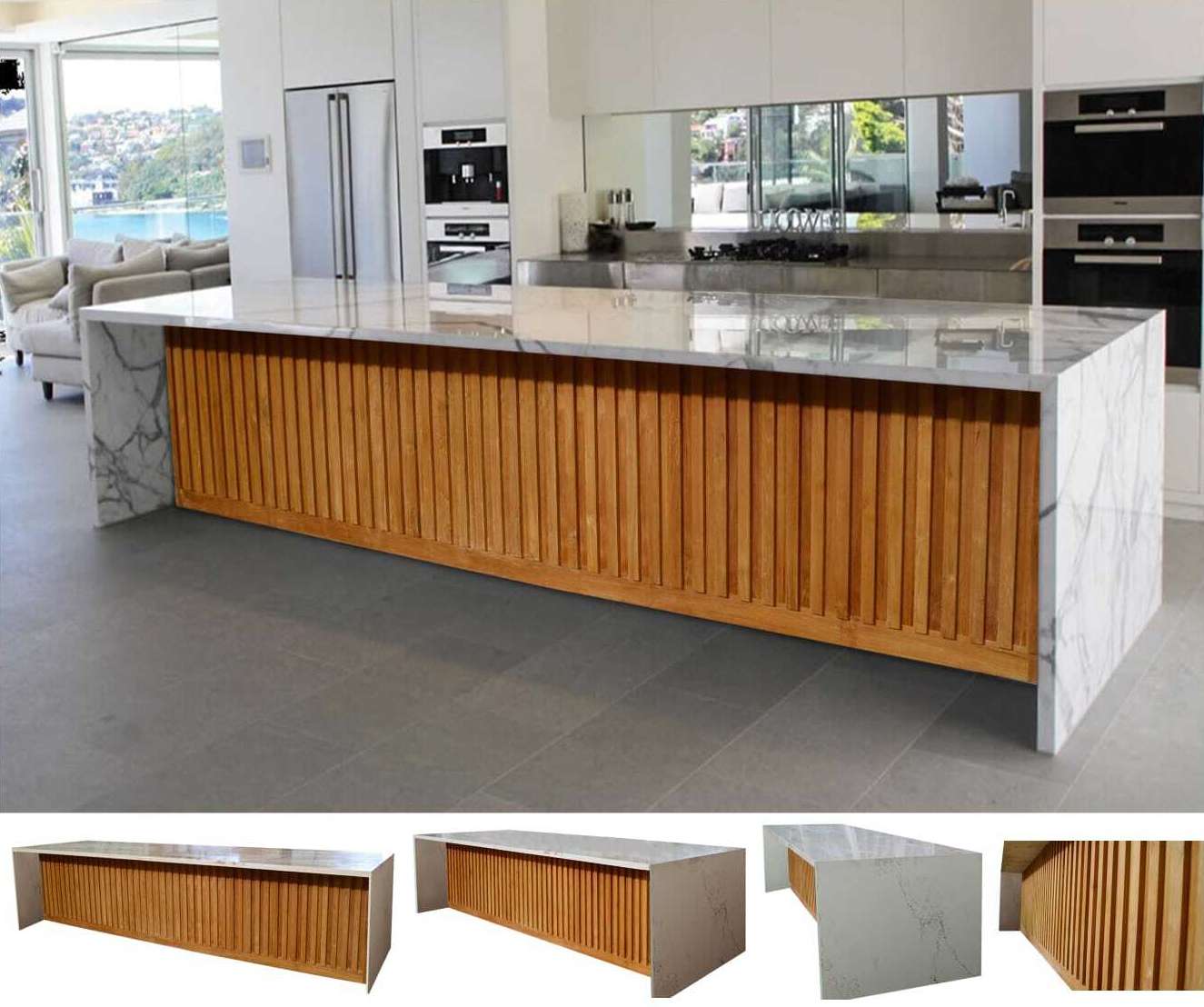 Kitchen Island Linear In Teak In Marble Top - Tarita Furniture