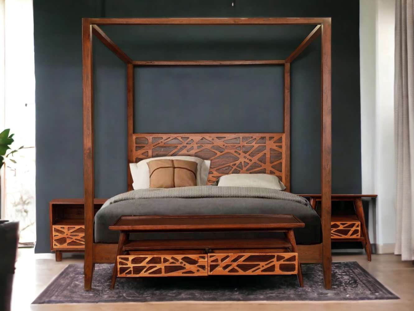 Four Poster Bed Puzzle Carving Headboard Plantation Teak - Tarita Furniture