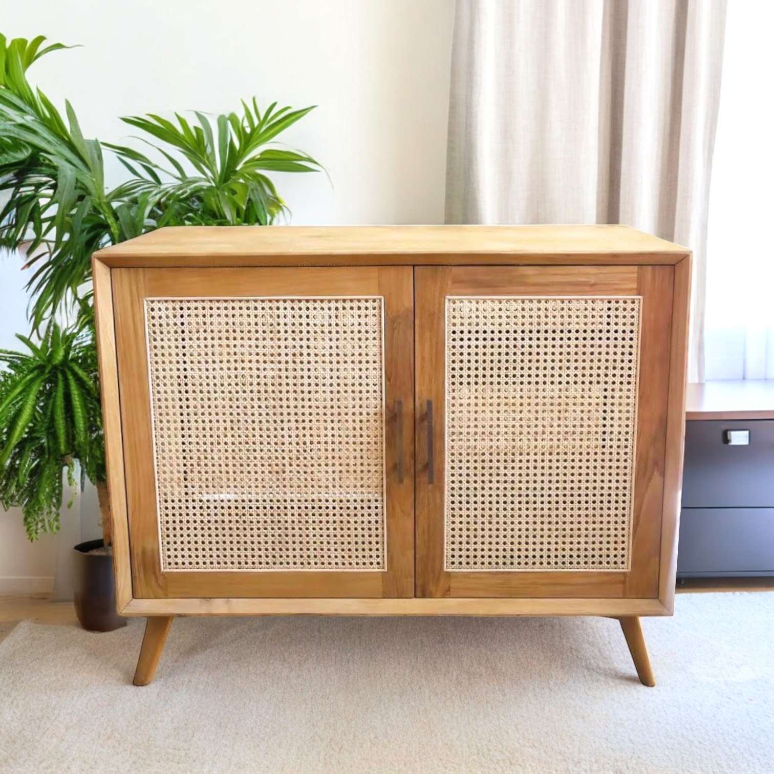 Mini Bar Cabinet Food And Drinks Storage Woven Rattan Plantation Teak ...
