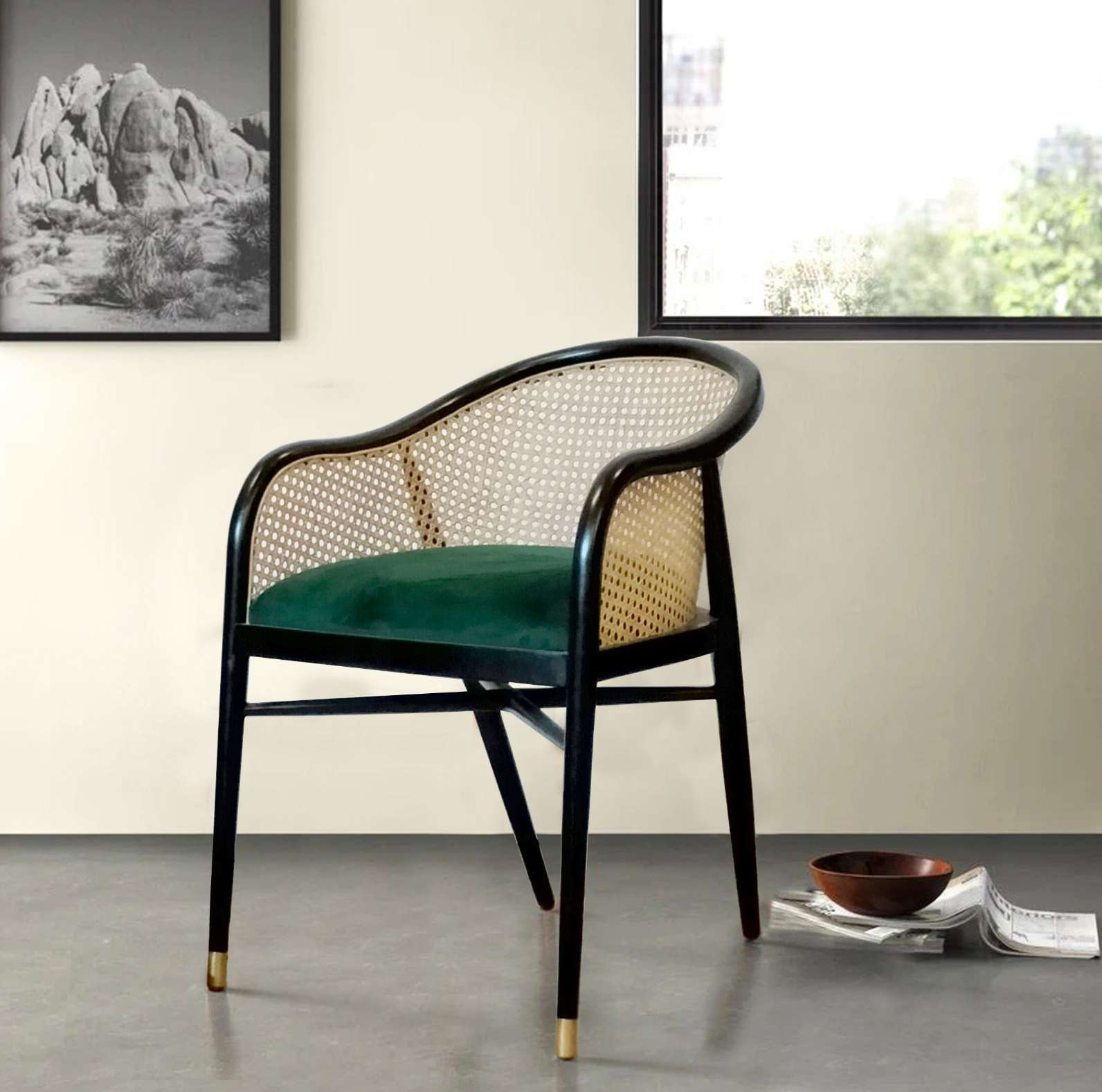 Dining Chair Round Back With Rattan And Velvet Fabric Seat Plantation ...
