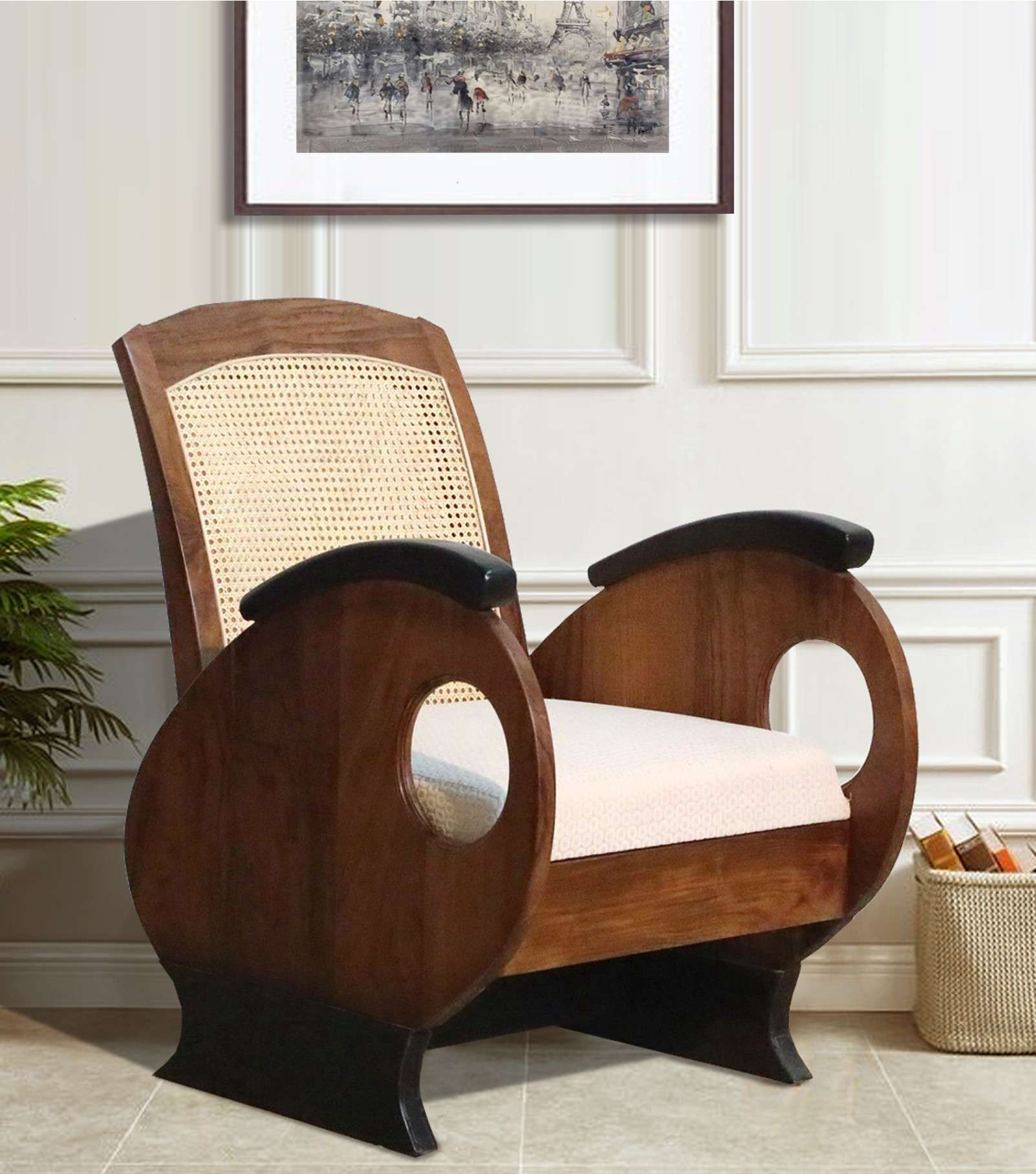 Lounge Chair Hanoi In Teak And Rattan Back With Fabric Cushion - Tarita ...