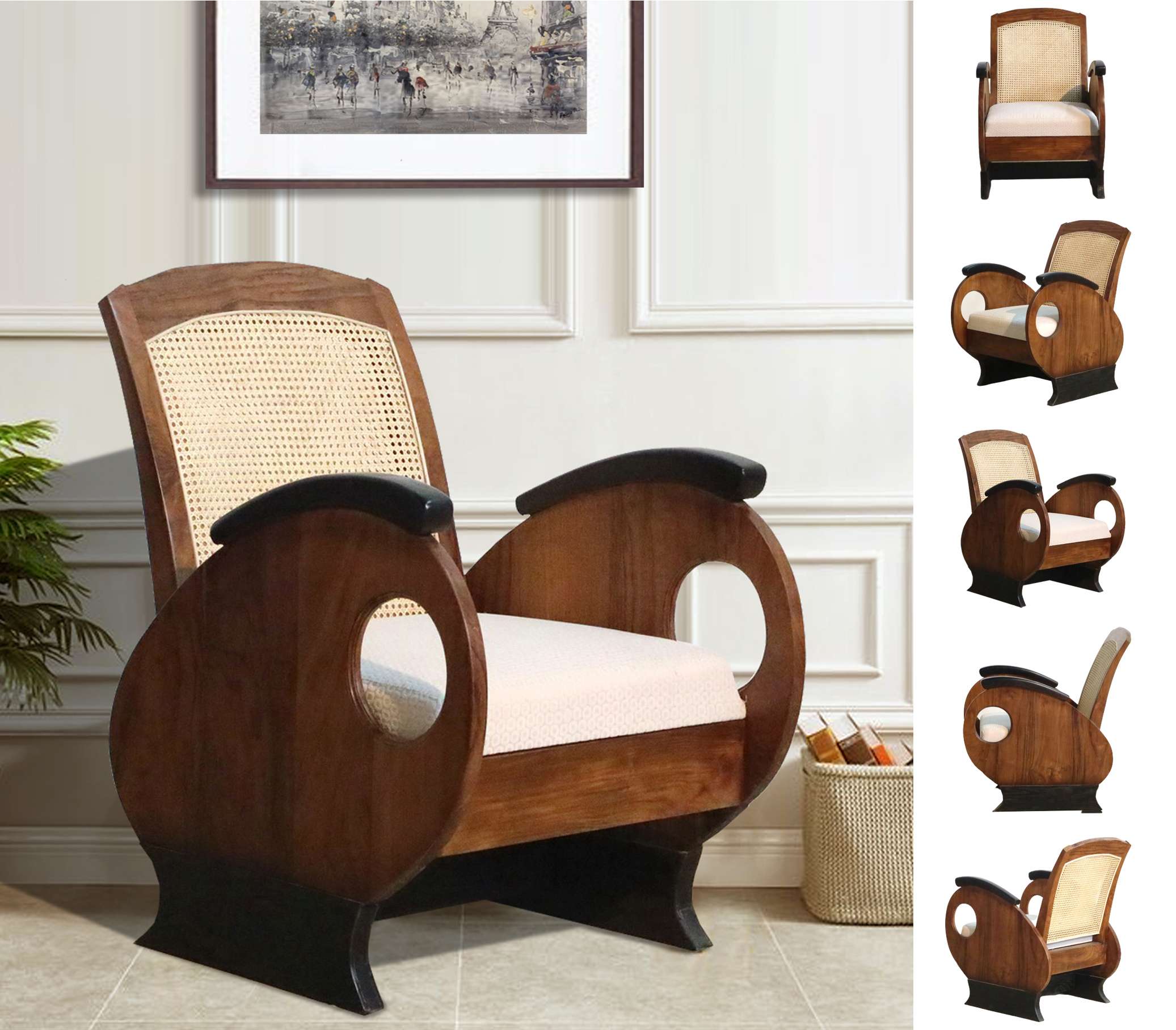 Lounge Chair Hanoi In Teak And Rattan Back With Fabric Cushion - Tarita ...