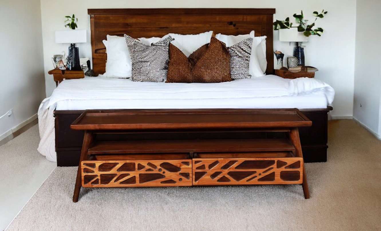 Bench Trapezoid Puzzle Carving Plantation Teak - Tarita Furniture