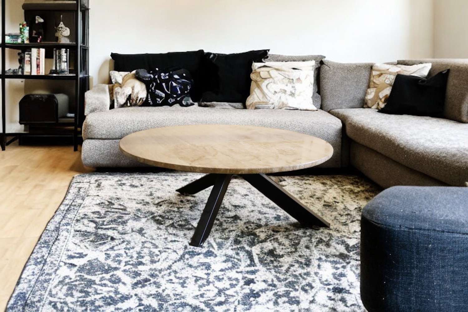 Round Coffee Table Travertine On Top Metal Legs - Tarita Furniture