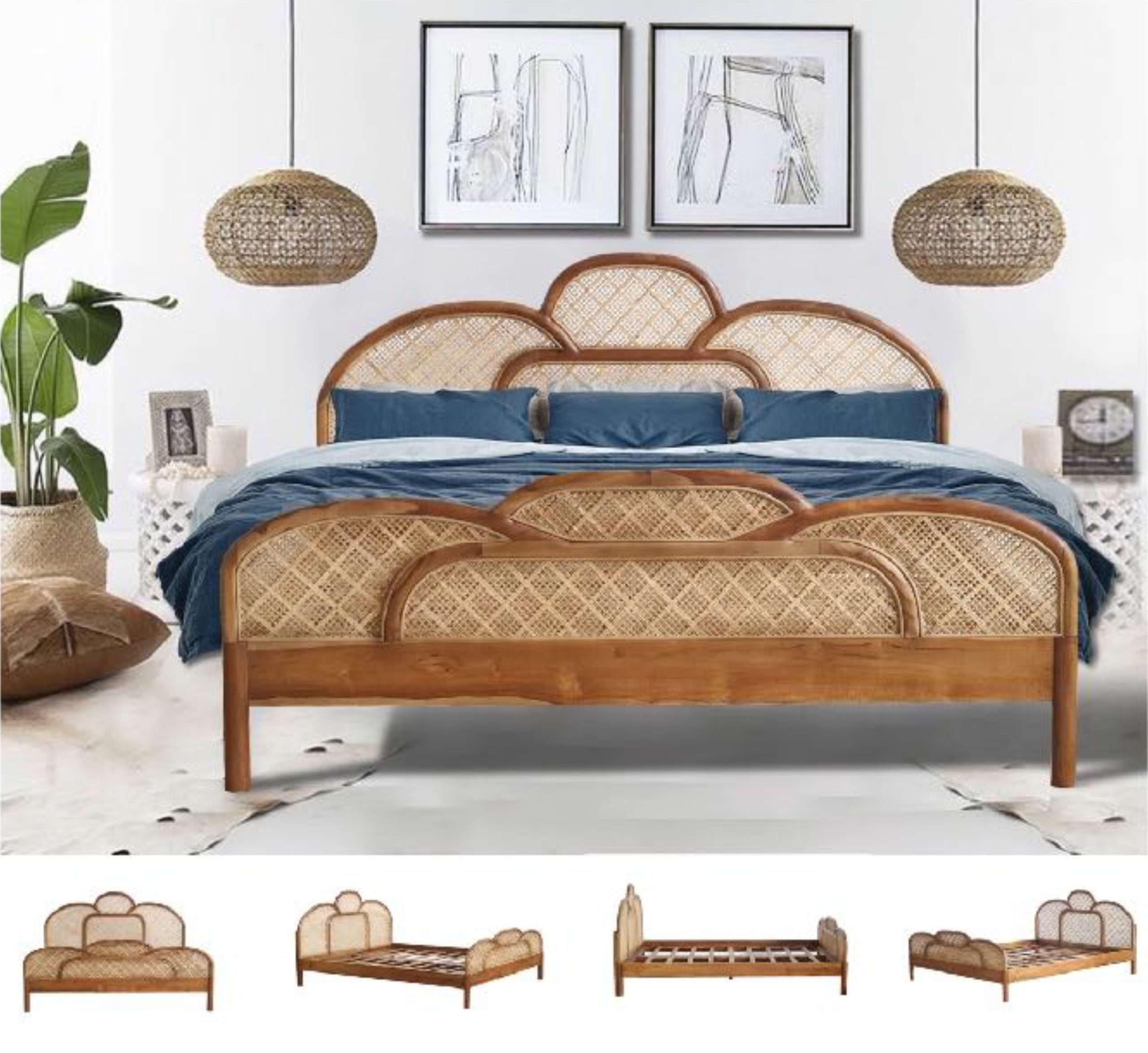Bed Latino In Teak With Rattan Webbing Diamond - Tarita Furniture