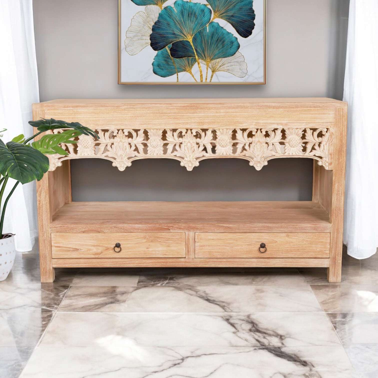 Cabinet Console " SUHA " Flower Carving Plantation Teak - Tarita Furniture